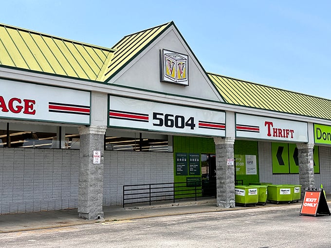 That golden yellow roof might as well be pointing to the treasure underneath. Every thrifter knows the real gold is on the racks inside.