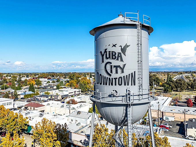 Yuba City's iconic water tower stands tall above the downtown district, proudly announcing the city's name to visitors and locals alike.