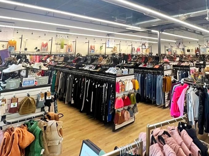 The retail promised land awaits! Uptown Cheapskate's bright, organized interior transforms secondhand shopping from treasure hunt to fashion paradise.