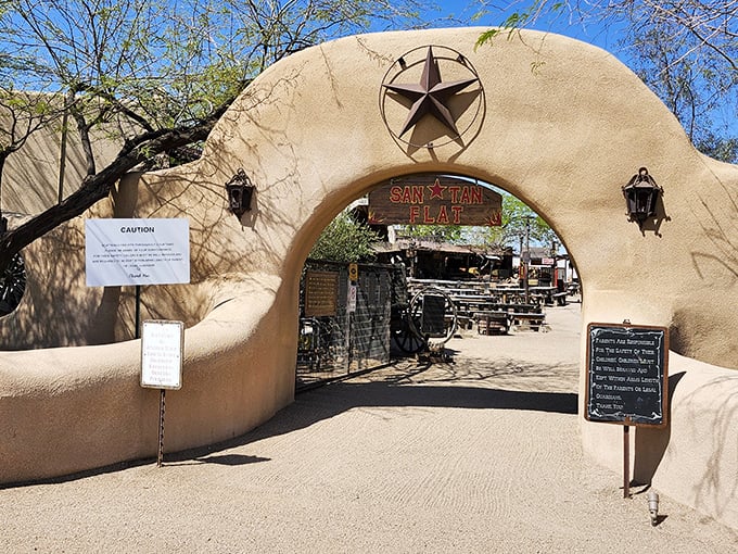 The grand entrance beckons like a portal to the Old West, complete with that iconic Texas star. Desert meets destination dining under the Arizona sky.