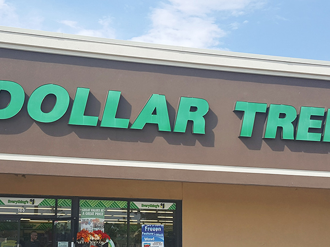The iconic green Dollar Tree sign stands out against the beige facade like a beacon of budget-friendly possibilities on South Monaco Parkway.