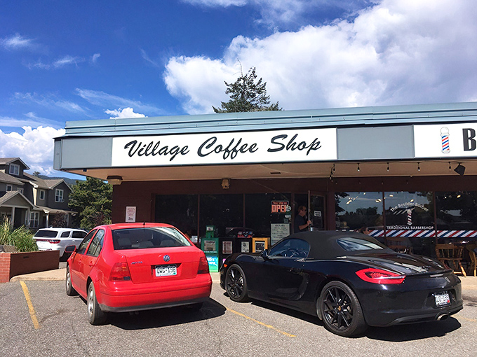 The unassuming exterior of Village Coffee Shop welcomes both economy cars and luxury vehicles&mdash;affordable breakfast knows no status symbols.
