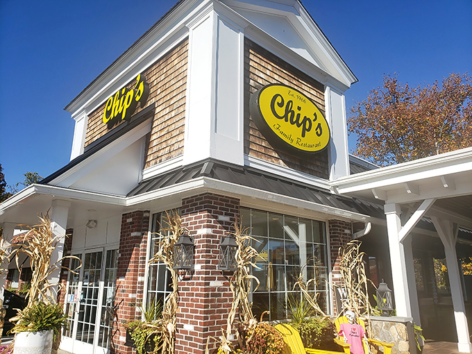 The iconic yellow sign of Chip's beckons like a breakfast lighthouse against Connecticut skies. Those Adirondack chairs aren't just for show&mdash;they're for the pancake recovery period.