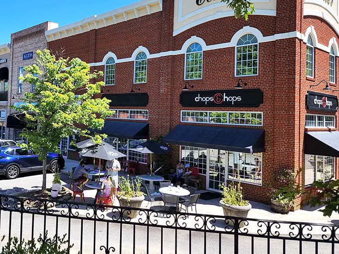 The historic brick fa&ccedil;ade of Chops & Hops stands proudly on Watkinsville's main street, its navy awnings beckoning hungry travelers like a culinary lighthouse.