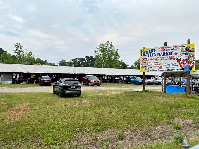The iconic Keller's sign, complete with cartoon cow mascot, stands as a beacon for bargain hunters and collectors alike&mdash;a Savannah institution.