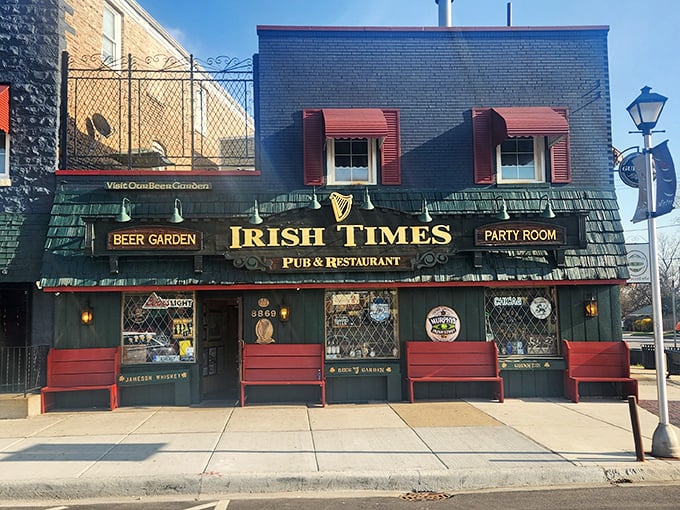 A perfect blue-sky day highlights the distinctive green and red exterior that's become a beloved landmark for locals and Irish food enthusiasts alike.