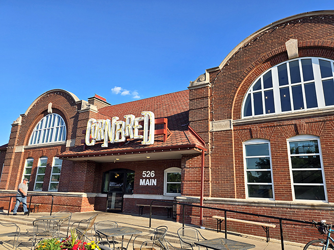 Cornbred's second exterior angle reveals the full grandeur of this repurposed train depot, where the only thing more impressive than the architecture is the aroma wafting from within.