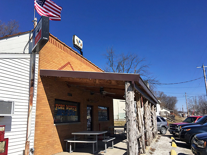 Weathered wood pillars frame the entrance like something from an old Western film&mdash;John Wayne would approve of both the decor and the brisket.