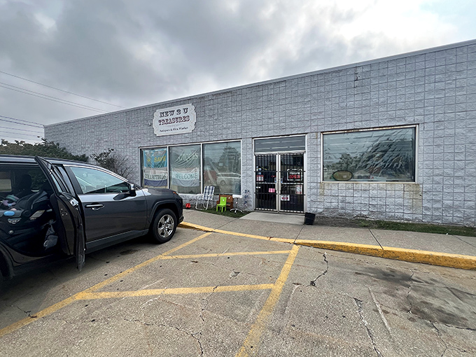 The unassuming exterior of New 2 U Treasures belies the wonderland of discoveries waiting inside. Like a treasure chest disguised as a simple gray building.