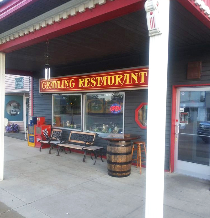 A slice of pure Michigan hospitality &ndash; wooden benches and rustic barrel add character to this breakfast institution where morning memories are made daily.