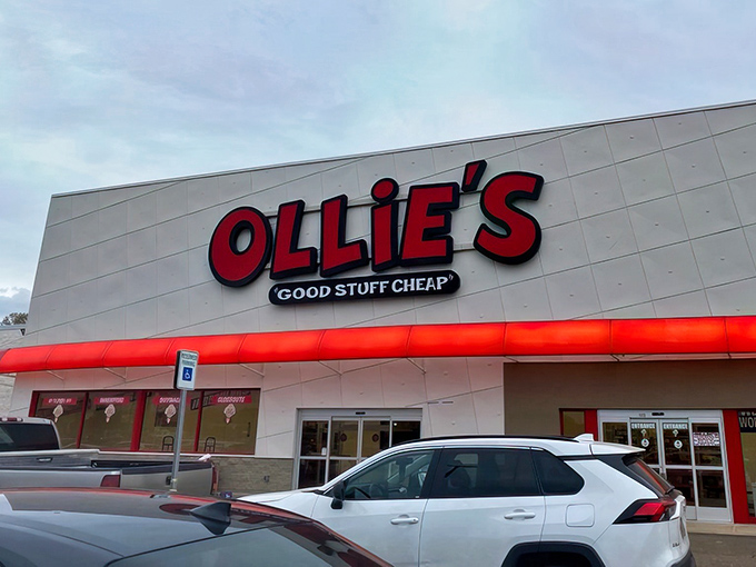 The iconic red Ollie's sign beckons bargain hunters like a lighthouse guiding ships to shore. "Good Stuff Cheap" isn't just a slogan&mdash;it's a solemn promise.