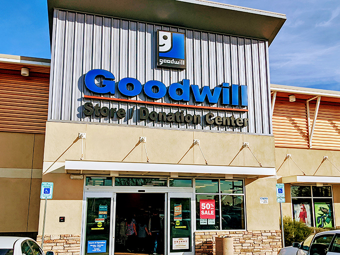 Not just a logo, but a beacon of bargain possibilities. The blue Goodwill signage promises adventure for those willing to dig.