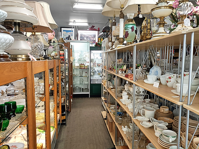 The brick fa&ccedil;ade of Antiques & Treasures ROCK! stands like a time portal on Victorian Avenue, promising adventures through decades past for curious Nevada treasure hunters.