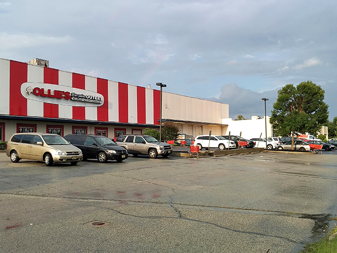 The red and white striped facade of Ollie's stands out like a retail circus tent, promising bargain adventures within its walls.