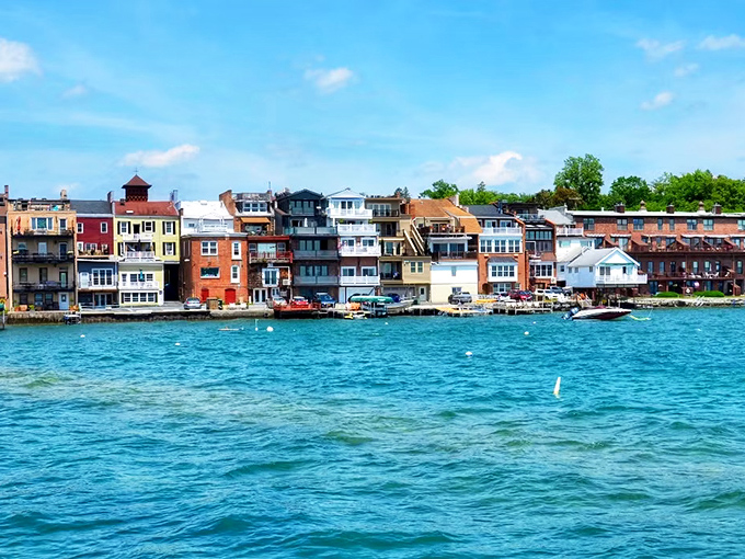 Colorful waterfront homes line Skaneateles Lake like a New England postcard come to life. That water is so blue it looks Photoshopped!
