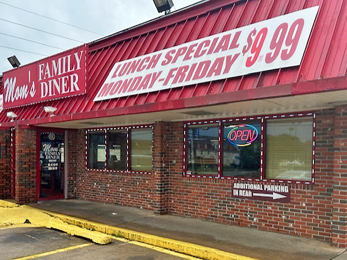 The bright crimson exterior of Mom's Family Diner stands as a beacon of affordable, homestyle cooking in Broken Arrow.