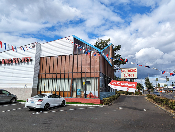 Festive bunting and a "Grand Opening" banner welcome hungry patrons to this Portland institution. Like finding a secret food festival hiding in plain sight.