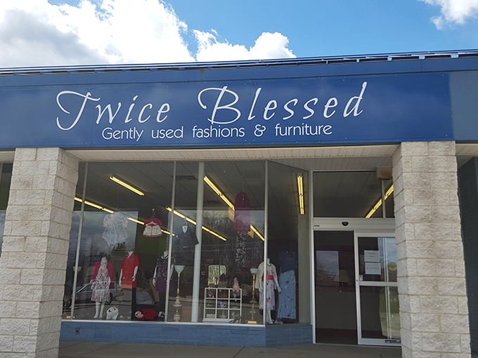 The iconic blue storefront of Twice Blessed stands like a beacon of bargain possibilities against the Pennsylvania sky, promising treasures within.