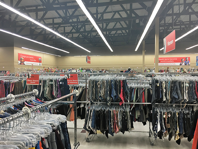 Row after row of clothing stretches toward the horizon like a textile ocean. Treasure hunters, prepare your carts!