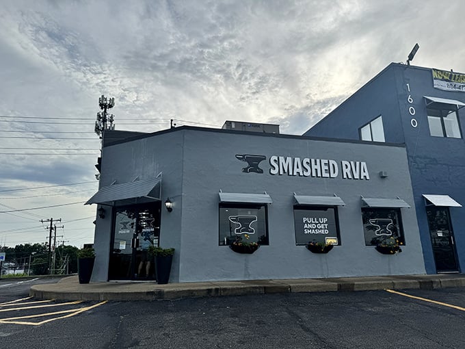 The unassuming gray exterior of Smashed RVA hides burger greatness within, like finding a diamond in Richmond's culinary rough.