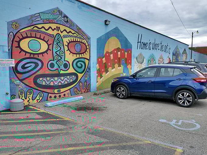 The colorful facade welcomes bargain-seekers with whimsical artwork that hints at the creative possibilities waiting inside. Picasso meets practical shopping.