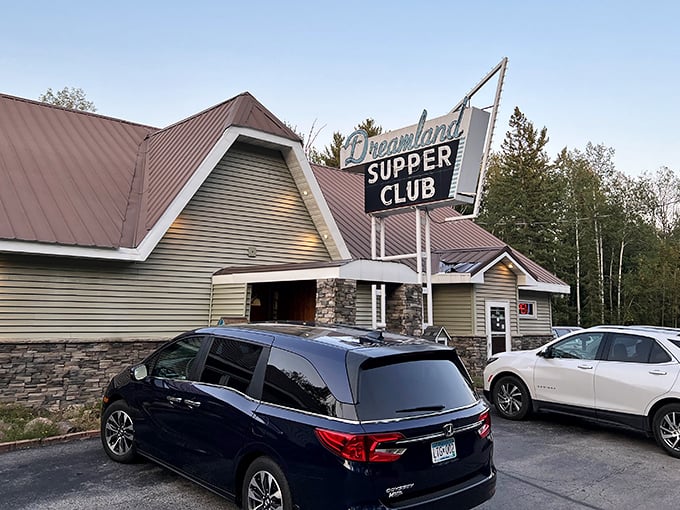 The rustic stone facade and iconic sign of Dreamland Supper Club welcome hungry visitors to this Wisconsin dining institution.