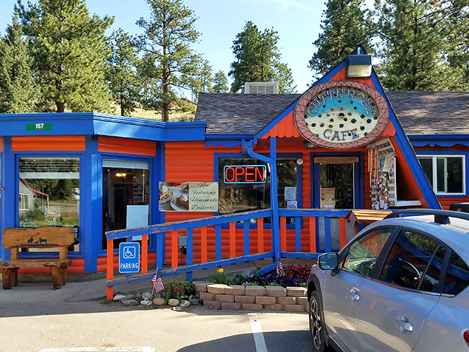 Like a fishing lure for hungry humans, Cutthroat Cafe's vibrant blue and orange exterior stands out against the Colorado pines, promising mountain-sized portions inside.