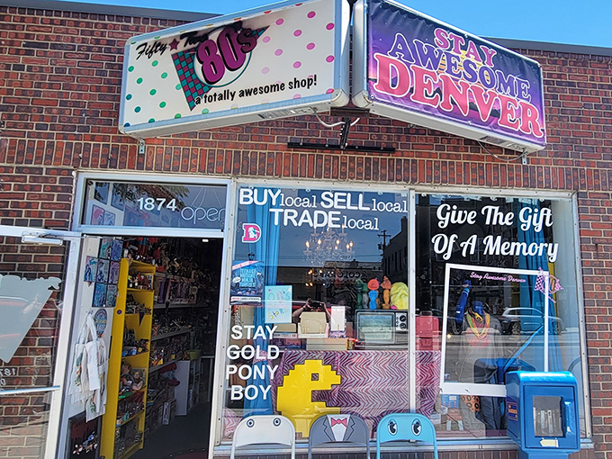 "Stay Gold, Pony Boy" indeed! The shop's exterior promises treasures inside with its colorful signage and those adorably decorated folding chairs.