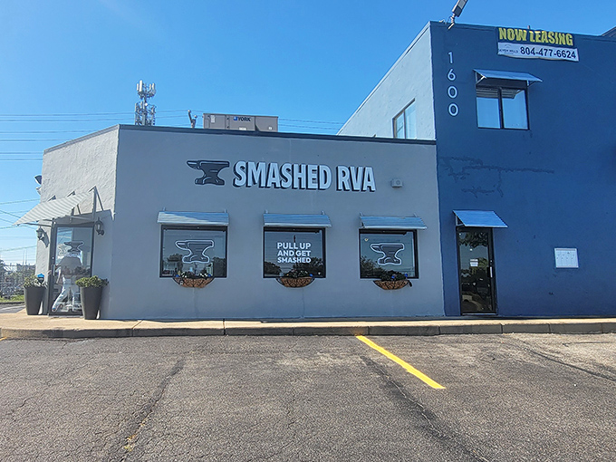 The unassuming gray exterior of Smashed RVA hides burger greatness within, like finding a diamond in Richmond's culinary rough.