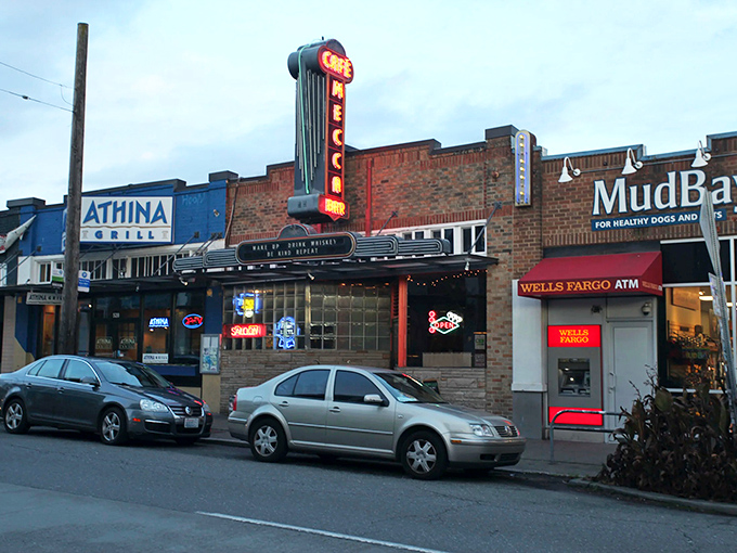 Twilight transforms the Mecca's vintage signage into a neon promise of comfort food that's outlasted countless food trends and Seattle's tech boom.
