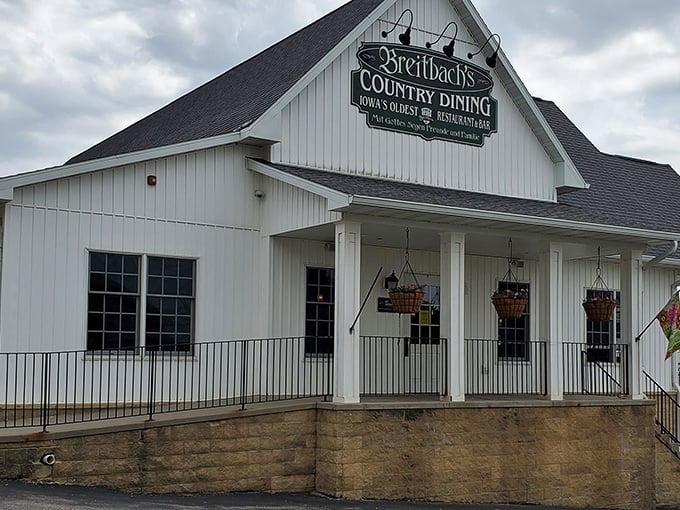 The white clapboard exterior of Breitbach's stands like a beacon of comfort food promise in tiny Sherrill, Iowa.