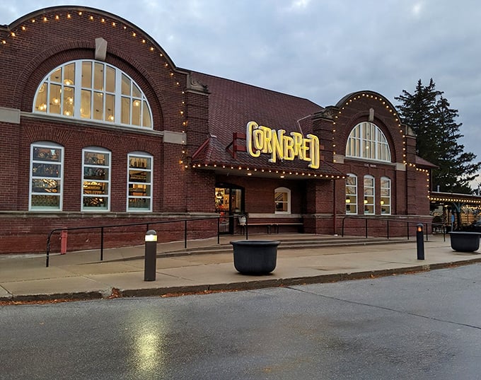 Cornbred's second exterior angle reveals the full grandeur of this repurposed train depot, where the only thing more impressive than the architecture is the aroma wafting from within.