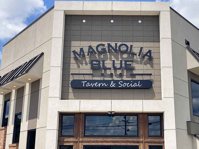 Sunlight plays across Magnolia Blue's clean lines and wooden doors&mdash;architectural appetizers before the culinary main event.