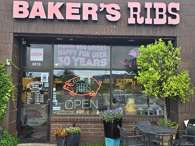 Like finding a Texas treasure in Minnesota soil, Baker's Ribs' neon sign beckons hungry pilgrims with the promise of smoky salvation.