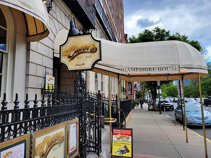 The iconic Cheers sign welcomes visitors to this slice of television history nestled in Boston's charming Beacon Hill neighborhood.