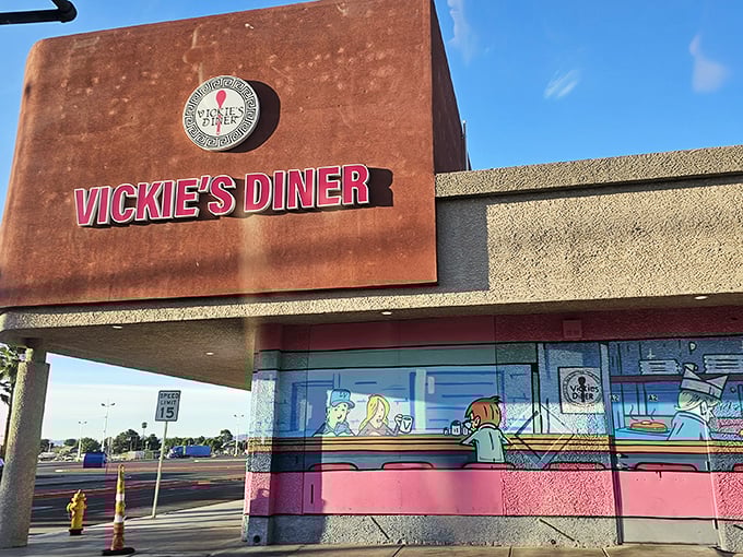 The classic red signage of Vickie's Diner stands out against the desert sky like a beacon for breakfast pilgrims seeking salvation from casino buffets.