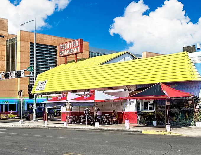 That iconic yellow roof and red trim isn't just eye-catching&mdash;it's a beacon of hope for hungry souls across Albuquerque. The architectural equivalent of comfort food.