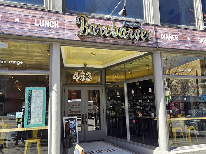 The golden glow of Bareburger's entrance at 463 N High St creates an irresistible gravitational pull for burger enthusiasts. Like a beacon for the famished.