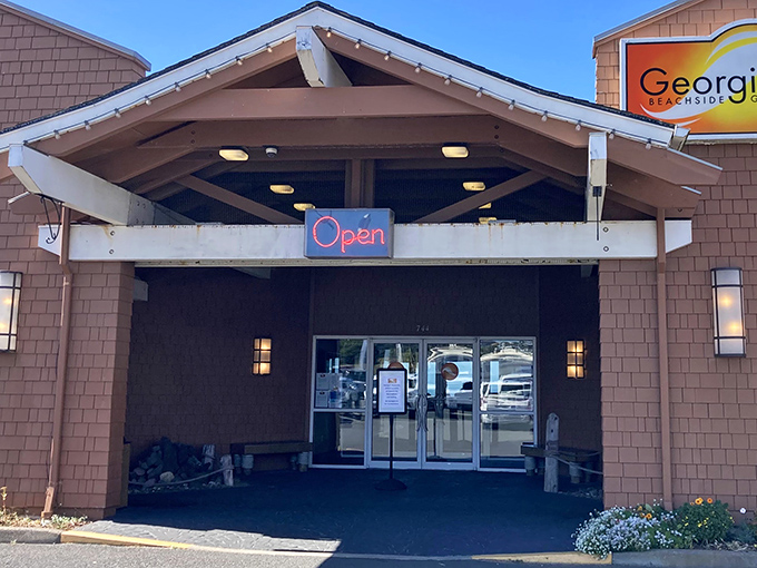 The welcoming entrance to Georgie's Beachside Grill promises coastal culinary magic behind those doors. Oregon's seafood paradise awaits!