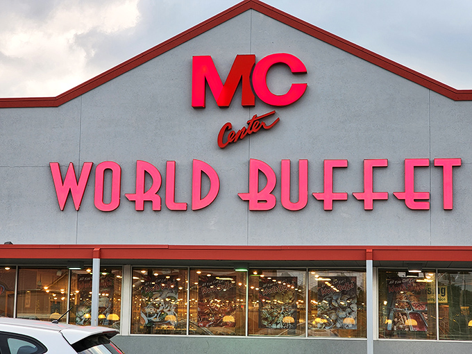 The bright red signage of World Buffet & Grill stands out like a beacon for hungry travelers, promising a global feast without the passport hassle.