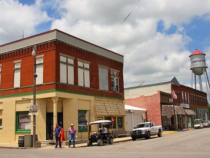 Downtown Jamestown greets visitors with classic brick buildings and small-town charm. The water tower stands sentinel, proudly announcing you've arrived somewhere special.