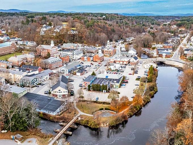 Peterborough from above looks like a movie set director's dream of small-town New England, complete with that winding river embracing the town center.