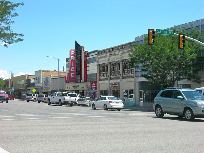 Main Street magic! The Silver Steakhouse and historic Crown Theater stand as charming sentinels of Price's past, where small-town America still thrives.