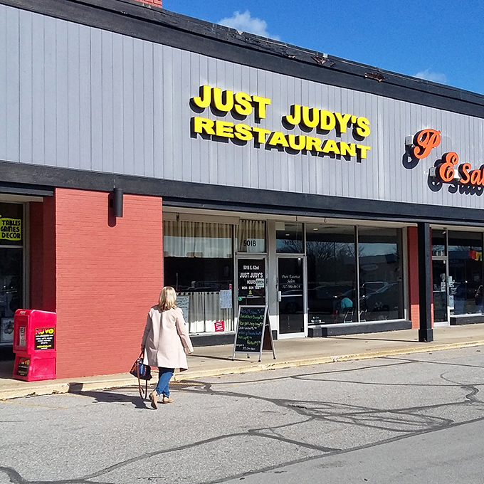 The yellow sign beckons like a lighthouse for the breakfast-starved. Just Judy's unpretentious exterior promises what fancy brunch spots often forget: actual satisfaction.