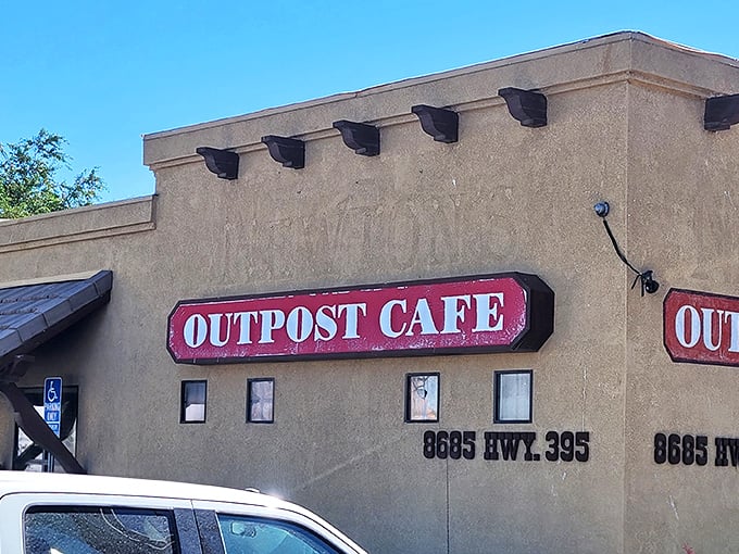 That classic red signage announces you've arrived at your culinary destination. Highway 395's tastiest detour is worth every mile.