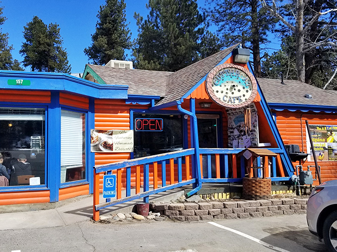 The Cutthroat Cafe stands out like a fisherman's prized lure&mdash;vibrant orange and blue against the mountain pines, practically shouting "good food here!"