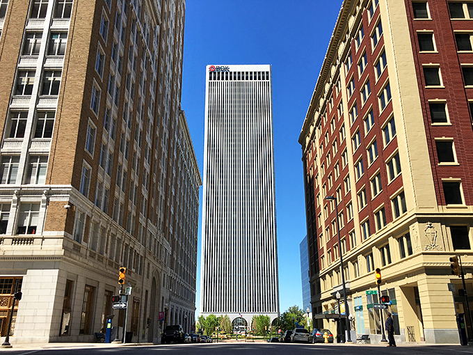 Tulsa's skyline stretches across the horizon like a modest Midwest Manhattan, proving that big city energy comes in Oklahoma-sized packages too.