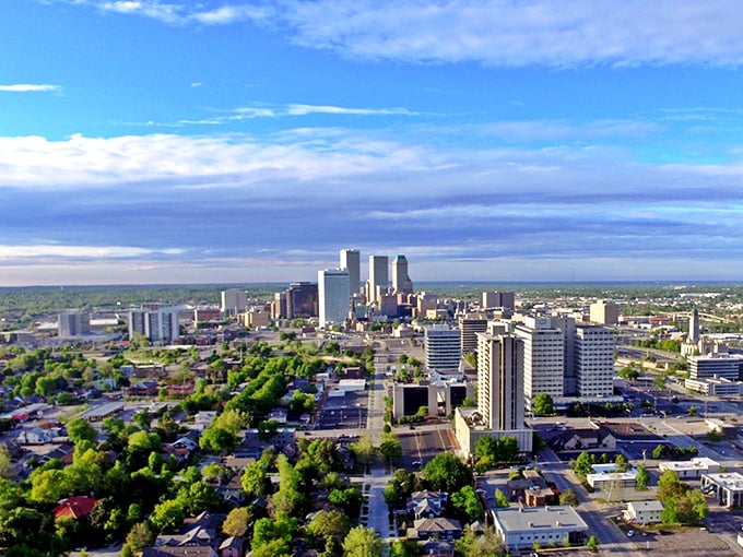 Tulsa's skyline stretches across the horizon like a modest Midwest Manhattan, proving that big city energy comes in Oklahoma-sized packages too.