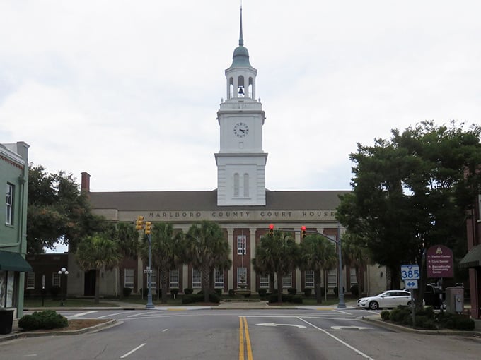 The iconic Marlboro County Courthouse with its distinctive clock tower stands as a centerpiece of Bennettsville's historic charm.
