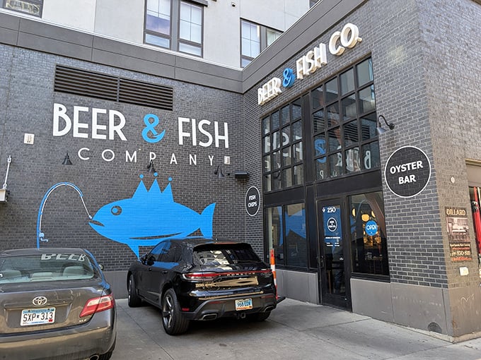 The sleek black exterior with its bold blue fish logo might be the most unexpected sight in downtown Fargo. Ocean vibes in the prairie? Yes, please!